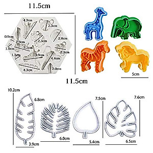 9Pcs/Set Jungle Safari Animal Cake Fondant Mold with Tropical Leaf Cookie Cutter, Hawaiian Palm Leaves Sugar Craft Cutters for Jungle Animals Brithday Party Baby Shower Cake Cupcake Decorations Tools