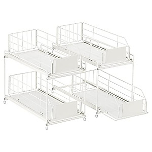 MOOACE 2 Tier Pull Out Cabinets Organizers and Storage, 2 Pack Multi-Purpose Slide-Out Under Sink Cabinet Organizer Shelf Baskets for Kitchen Bathroom Pantry Cabinet/Countertop, White