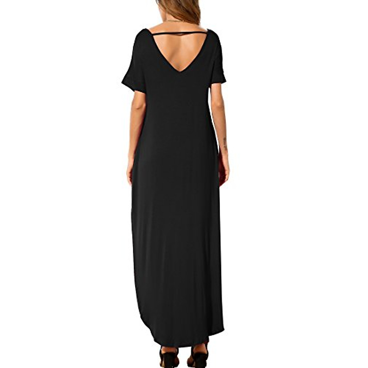 GRECERELLE Women's Casual Loose Pocket Long Dress Short Sleeve Split Maxi Dress Black X-Large