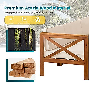 5-Piece Acacia Wood Outdoor Sofa Set Patio Bistro Set Furniture Outdoor Chat Conversation Table Chair Set with Water Resistant Cushions and Coffee Table for Beach Backyard Garden