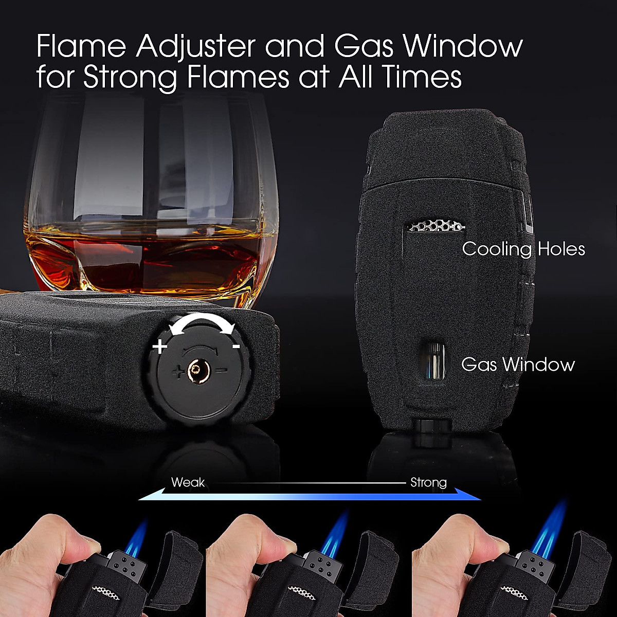 All-in-One Torch Cigar Lighter with Adjustable Jet Dual-Flame, Built-in Cigar Punch/Holder, Honorable Gift for Men, Birthday, Windproof Refillable Butane Cool Lighters for Smoking, Candles
