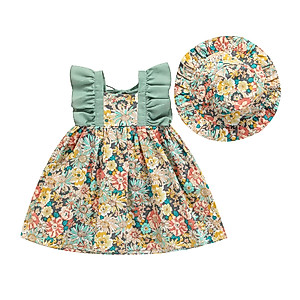 6M-3Y Summer Newborn Infant Toddler Baby Girls Dress Flower Print Ruffles A-Line Dresses + Cap Outfits (Green, 6-12 Months)