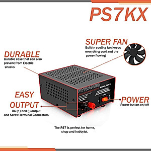 Pyramid Universal Compact Bench Power Supply - 5 Amp Linear Regulated Home Lab Benchtop AC-to-DC 12V Converter w/ 13.8 Volt DC 115V AC 70 Watt Power Input, Screw Type Terminals, Cooling Fan - PS7KX
