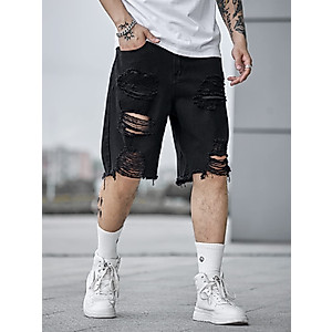 Verdusa Men's Ripped Distressed Raw Trim High Waist Straight Leg Denim Shorts Black XL