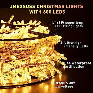 JMEXSUSS 168FT 600 LED Christmas Lights Outdoor Waterproof 8 Modes Indoor Christmas String Lights Warm White Christmas Tree Lights Plug in for Room Bedroom Wedding Party Holiday Decorations.