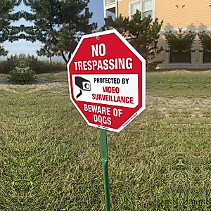 SmartSign 10" x 10" 'No Trespassing Protected By Video Surveillance Beware Of Dogs' Octagonal Yard Sign with 3 ft Stake, 40 mil Aluminum 3M Laminated Engineer Grade Reflective, USA-Made