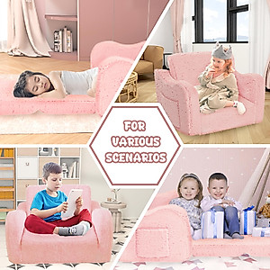 QIICMER Toddler Chairs Comfy 2-in-1 Kids Couch Fold Out Convertible Sofa to Bed, Kids Sofa for Girls and Boys, Cuddly Chairs for Toddlers 1-3 (Pink)