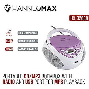 HANNLOMAX HX-326CD Portable CD/MP3 Boombox, AM/FM Radio, USB Port for MP3 Playback, Aux-in, LCD Display, AC/DC Dual Power Source. (White)