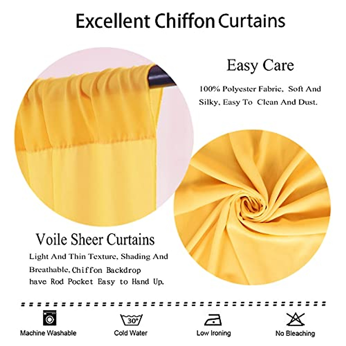 Chiffon Backdrop Curtain 5FTx9FT Gold Chiffon Fabric Drapes for Wedding Ceremony Chiffon Voile Curtains 2 Panels 29"x108" Photography Backdrop Drapes Party Stage Backdrop (29''x108''x2pcs, Gold)