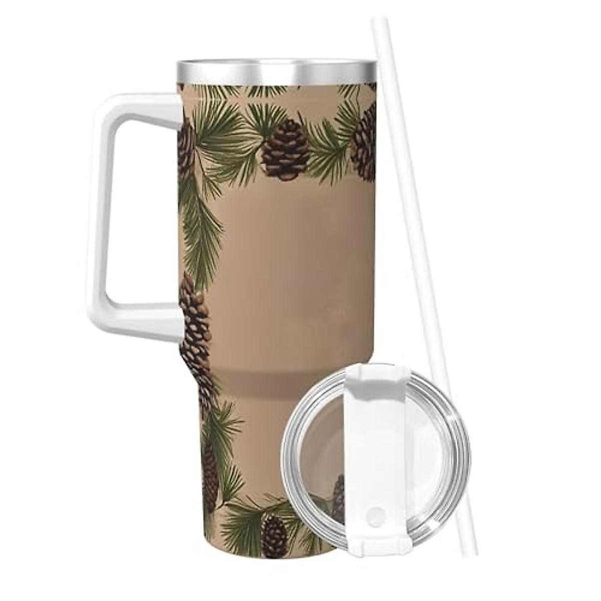 ZHSGNMHH Pine Cone Border 40oz Tumbler With Handle And Straw Stainless Steel Hot/Cold Travel Coffee Cup With Lid
