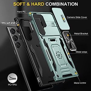 2023 New CASE for Samsung 23 Ultra Case with Kickstand & Camera Cover Slide,[2 in 1] Heavy Duty Drop Proof Phone Cover.Hard PC+Silicone for Protective Case Samsung Galaxy 23 Ultra Phone Case(Cyan)