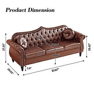 Modern PU Tufted Couch 3 Seater with Rolled Arms and Nailhead, Deep Button Nailhead Tufted Black Upholstered Couches, Roll Arm Classic Tufted Chesterfield Settee Leather Sofa for Living Room (Brown)