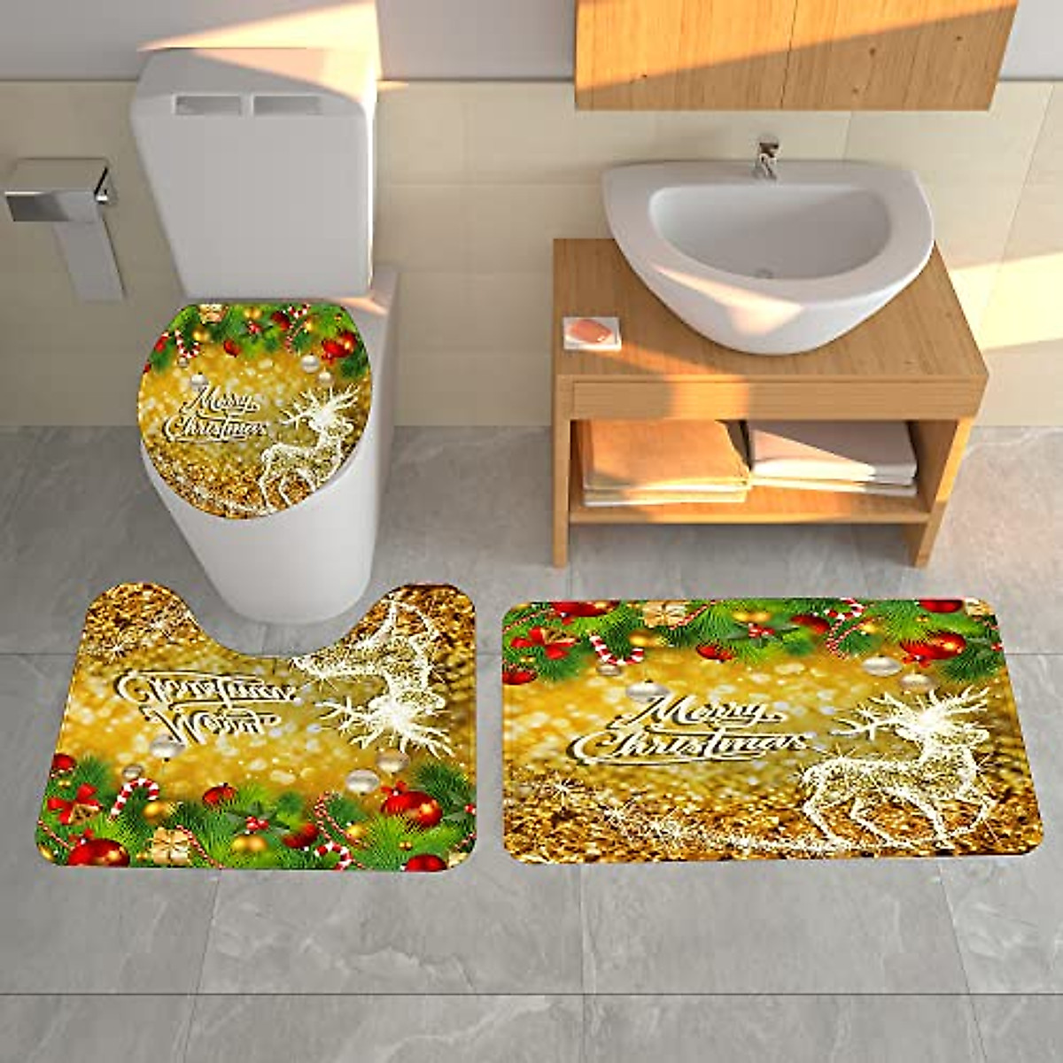 Casdseci 4Pcs Golden Christmas Shower Curtains Set with Non-Slip Rugs, Toilet Lid Cover and Bath Mat, Lucky Glowing Elk Waterproof Bathroom Curtain with 12 Hooks 72 x 72 Inch