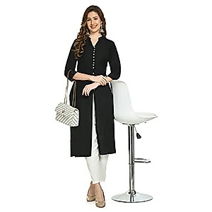 Lagi Women A-Line Solid Front Slit Poly Silk kurta Kurti. (Black, S)