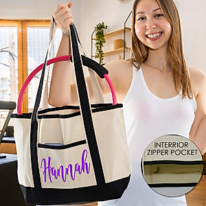 Personalized Canvas Bags w/Name 2 Bag Colors 17 Vinyl Colors Custom Shoulder Tote Bag Gifts Woman Customized Zippered Shopping Bag Girls Reusable Grocery Bags Woman Birthday Gift C1 Black and Beige