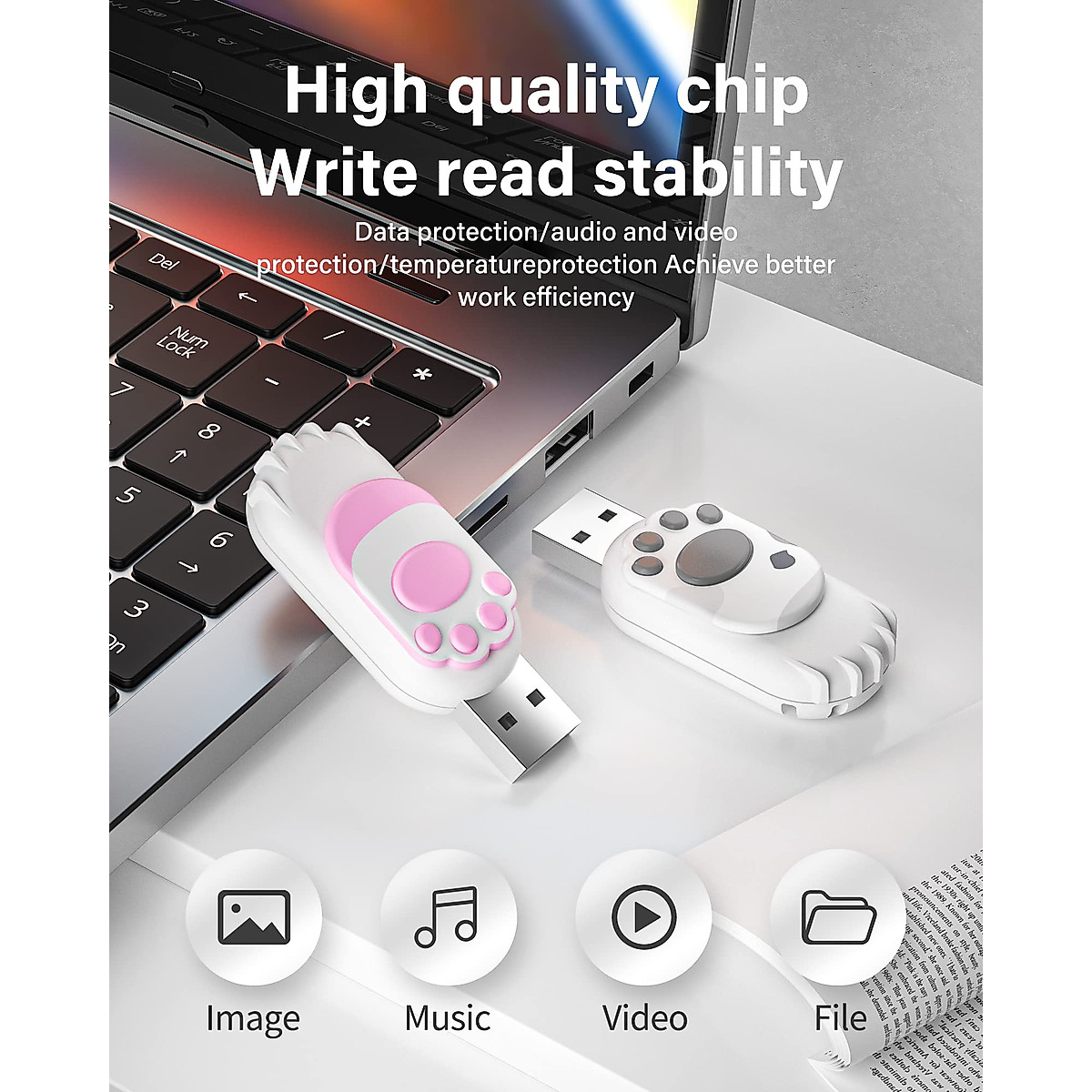USB Flash Drive 128GB Cat Paw Pink Flash Drives Cute Mini Thumb Drive USB 2.0 Memory Stick Pendrive USB Storage Zip Drive 360°Rotation Spin Jump Drive
