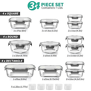 34pcs Glass Food Storage Containers with Lids Set, Airtight Glass Meal Prep Containers (17 Containers & 17 Lids), Leak Proof Lunch Containers BPA-Free, Microwave, Oven, Freezer, Dishwasher Safe-Grey