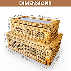 OTOKOHM Rattan Decorative Box With Lid & Removable Divider - Decorative Boxes For Home Decor - Boho Decor Display Box - Decorative Storage Boxes With Lids - Rattan Box With Lid Set of 2