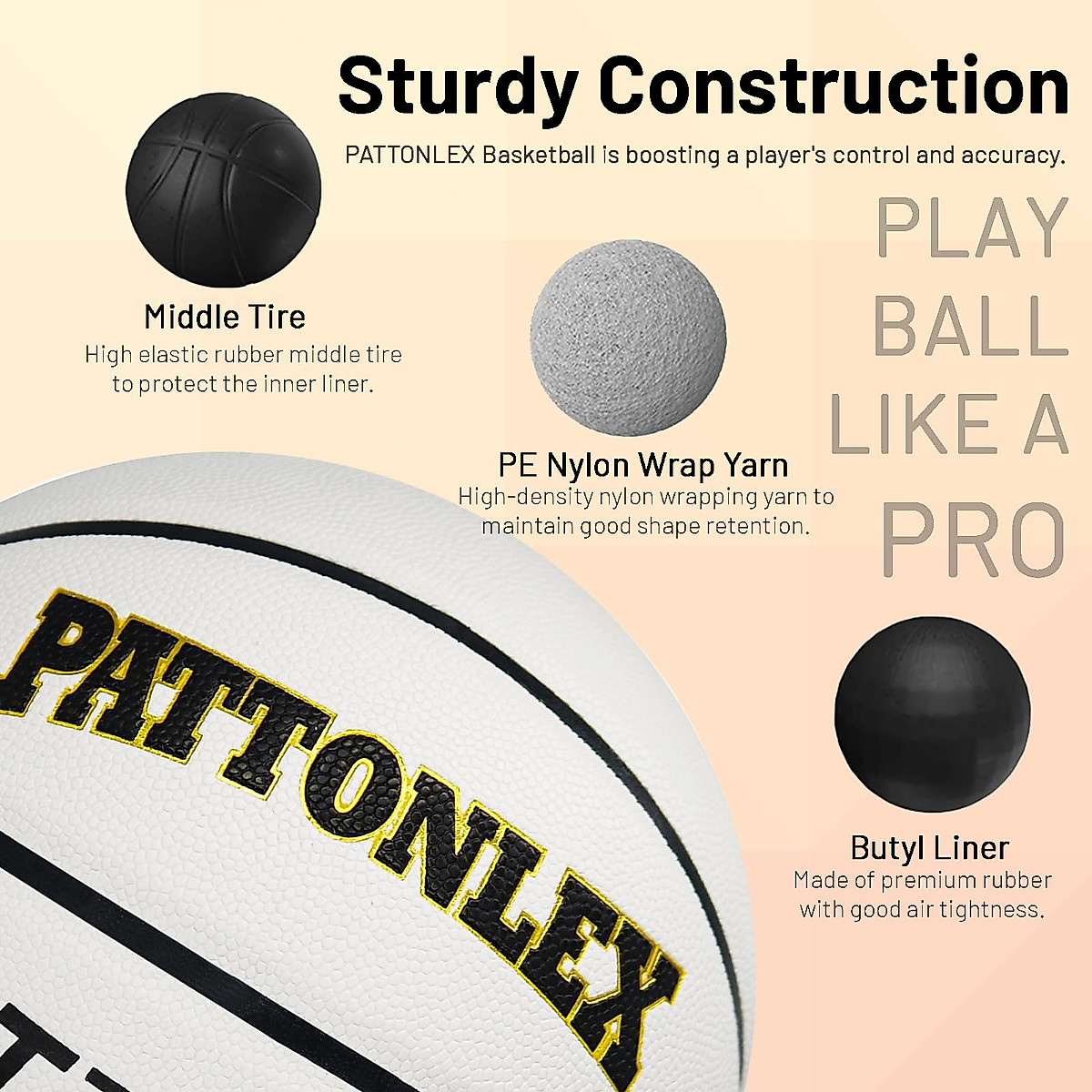 PATTONLEX Basketball - Official Size 7 (29.5") - Composite Leather - Indoor/Outdoor Ball for Men(White)