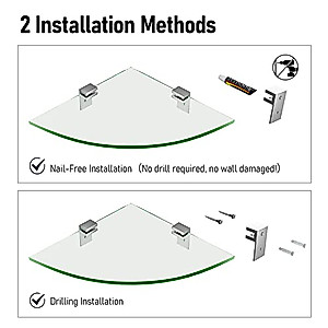 Bakzon 2-Pack Glass Corner Shower Shelves, Shower Wall Shelves for Inside Shower, Drill Free Shower Caddy Organizer with Aluminum Brackets for Bathroom