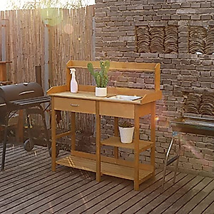 MUPATER Potting Bench Garden Table for Outdoors with Removable Stainless Sink, Planting Work Bench with Storage Shelves and Drawer, Natural Wood