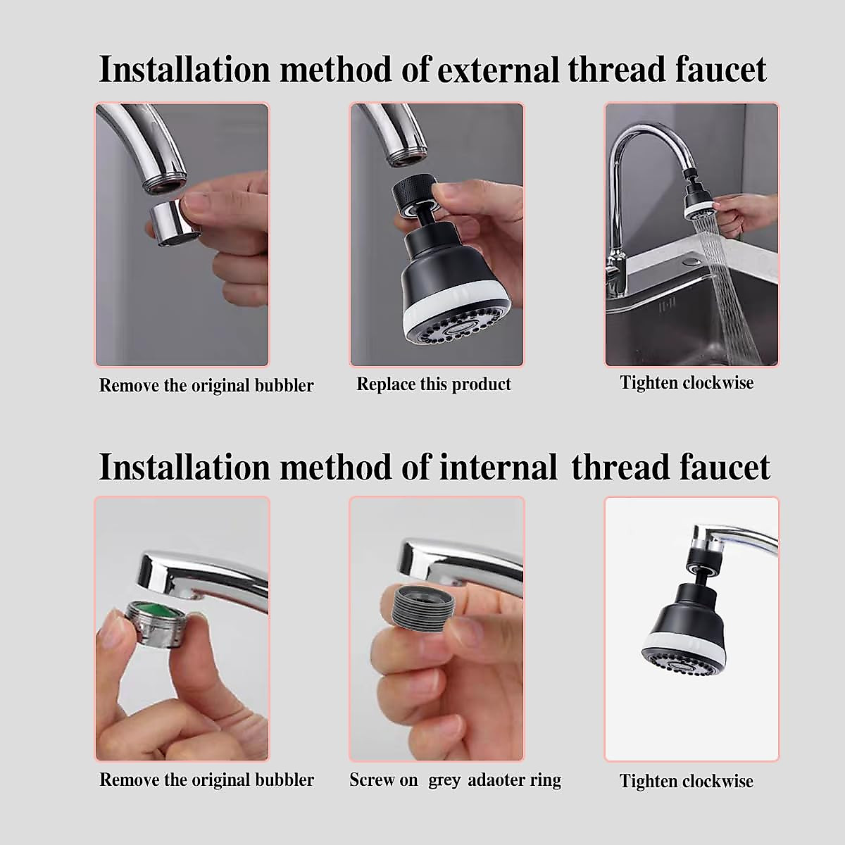 Faucet Aerator Faucet Sprayer Attachment, Kitchen Faucet Head Replacement with 4 Spray Modes, 360° Swivel Faucet Extender Anti-Splash Sink Sprayer Faucet Nozzle Head (Diamond, Black)