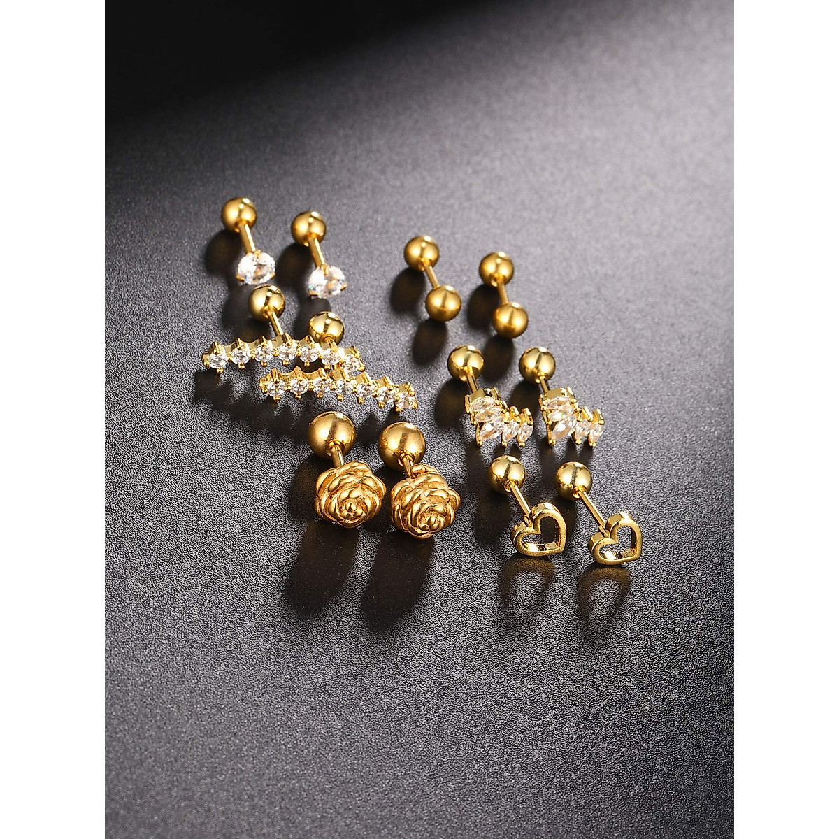 6 Pairs Stainless Steel Tragus Cartilage Earrings Labret Studs Barbell Lip Nose Body Stud Piercing for Men Women Ornament (Gold)