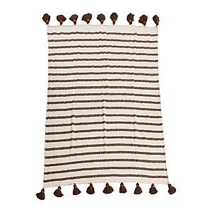 Main + Mesa Recycled Striped Cotton Throw Blanket with Tassels, Brown and Natural