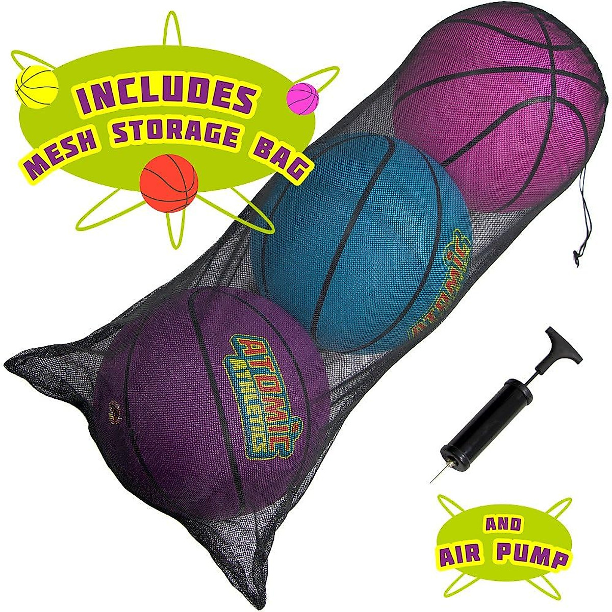 K-Roo Sports Atomic Athletics Neon Rubber Playground Balls - 6 Pack of Regulation Size, includes Pump & Storage Bag - Basketball
