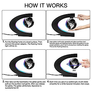 Gresus Magnetic Levitation Floating World Map Globe with C Shape Base, Floating Globe with LED Lights, Great Fathers Students Teacher Business Boyfriend Birthday Gift for Desk Decoration （Black )