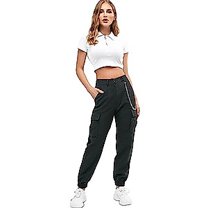 ZAFUL Cargo Pants for Women High Waisted Jogger Pants Outdoor Sweatpants Casual Pants with Chain (1-Black,L)