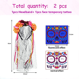 KEPATO 2Pcs Day of The Dead Headband, Mexican Flower Crown Veil Headpiece with Sugar Skull Print Face Tattoo for Women Halloween,Dia De Los Muertos
