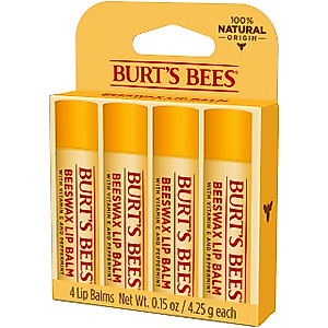 Burt's Bees Lip Balm Easter Basket Stuffers, Moisturizing Lip Care Spring Gift, for All Day Hydration, 100% Natural, Original Beeswax with Vitamin E & Peppermint Oil (4 Pack)