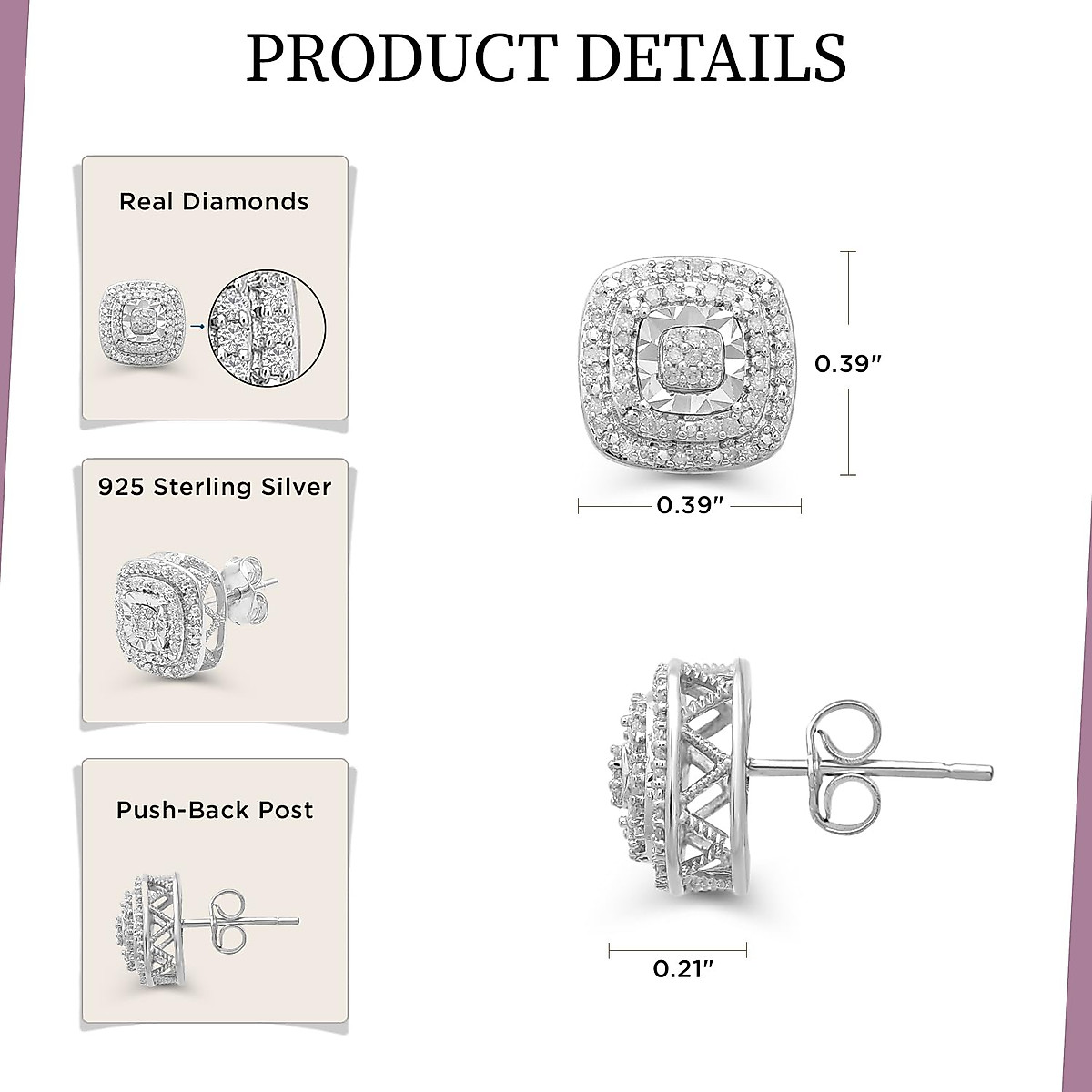 Jewelili Cushion Stud Earrings in Sterling Silver with 1/4 CTTW Double Halo Natural White Diamonds