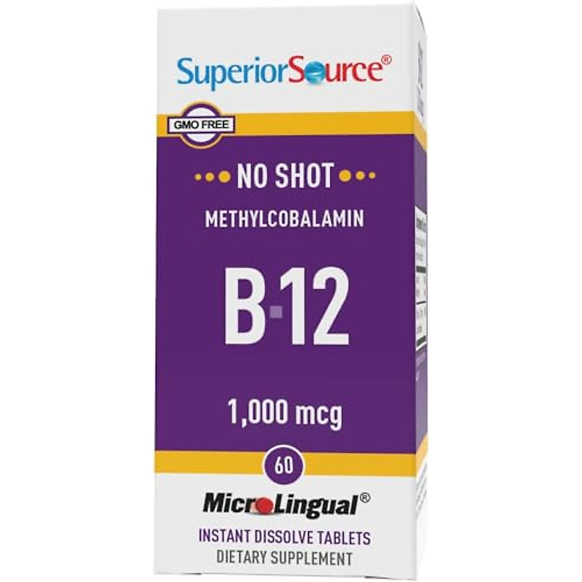 Superior Source No Shot Vitamin B12 Methylcobalamin 1000 mcg, Quick Dissolve MicroLingual Tablets, 60 Count, Active Form of B12, Supports Energy Production, Nervous System Support, Non-GMO
