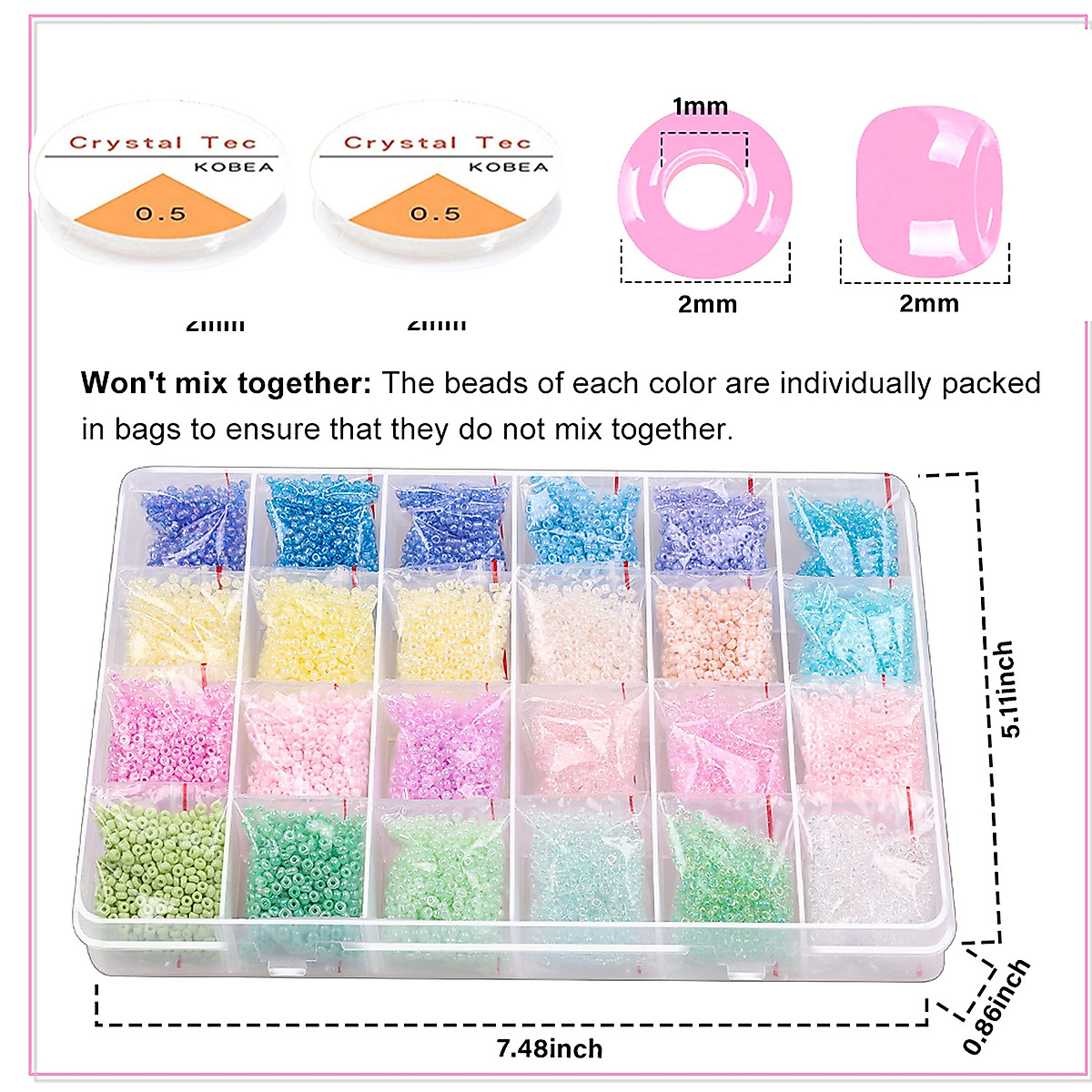 Yholin Glass Seed Beads Started Kit, 12000pcs 2mm 12/0 Small Craft Beads with Beading Needle,Tweezers and Elastic String for DIY Bracelet Necklace Jewelry Making Supplies