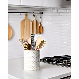 LE TAUCI Utensil Holder, 7.1" Ceramic Kitchen Utensil Holder for Counter top, Embossed Cooking Utensil Organizer for Spatula & Spoon, Kitchen Decor, Set of 1, Arctic White, Clover