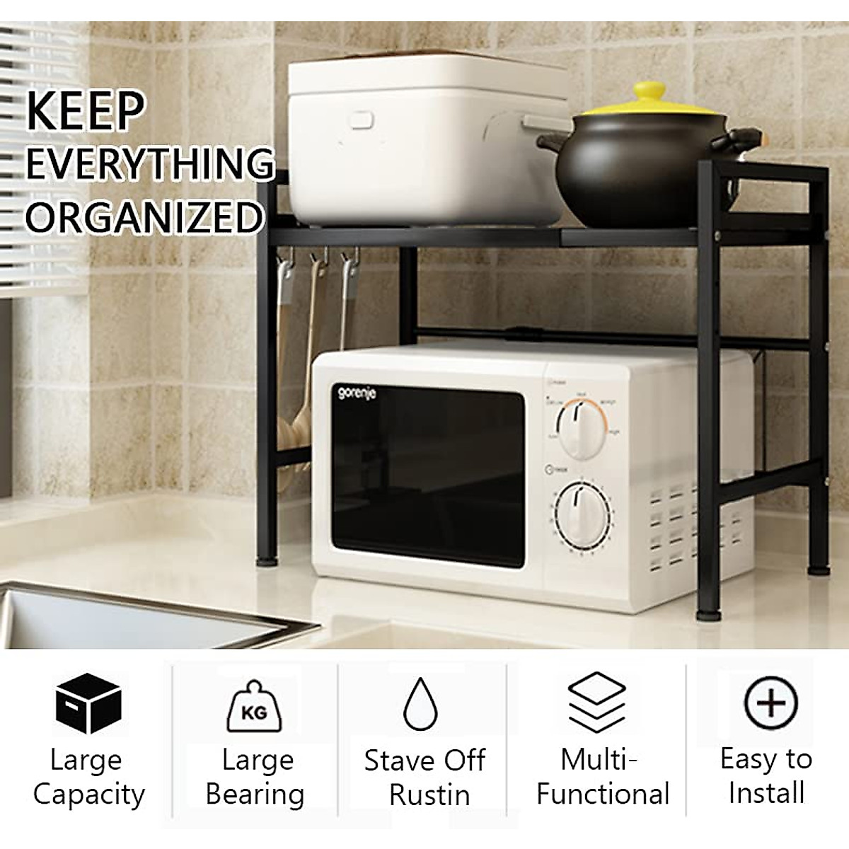 Expandable Microwave Oven Rack, 2 Tiers Metal Heavy Duty Microwave Stand, Adjustable Countertop Kitchen Organizer with 3 Hooks (Black, H-frame 2 tier)