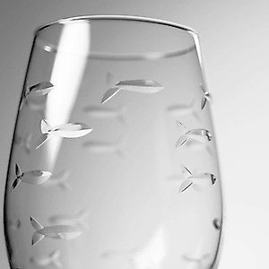 Rolf Glass School of Fish 18oz All Purpose Wine Glass | Set of 4 | Large Wine Glasses | Lead-free Crystal Glass | Engraved Wine Glasses | Made in the USA
