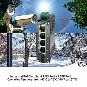 Star Route Mini Industrial 4 Port 10/100/1000Mbps Gigabit Ethernet POE + Switch with SFP Din Rail/Wall-Mount 10/100/1000BASE-T RJ45 1 100/1000FX (SFP) Support 12-48V DC, 3.74x2.76x1.15in