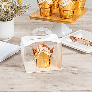 Restaurantware-5 Inch x 3.25 Inch Individual Cupcake Boxes, 100 Disposable Cupcake Display Boxes - With Handle, Lotus Accent, Clear Plastic Single Cupcake Containers, For Weddings Or Birthdays