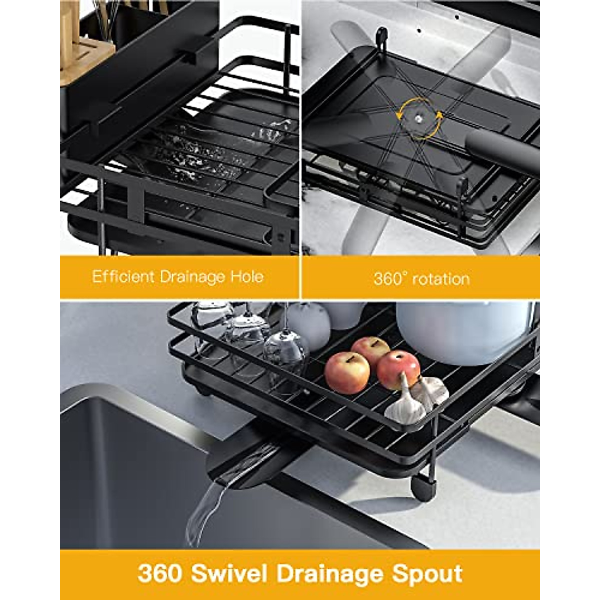 Uamector Large Dish Drying Rack, 2 Tier Stainless Steel Dish Racks with Drainage and Utensil Holder, Drying Rack Kitchen with Drainboard Set, Foldable Dish Drainers for Kitchen Counter Black