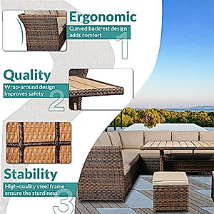 MEETWARM 7 Pieces Wicker Patio Furniture Set Outdoor Conversation Set All Weather Rattan Sectional Sofa Couch Garden Dining Table Chair Set with Ottoman (Brown)