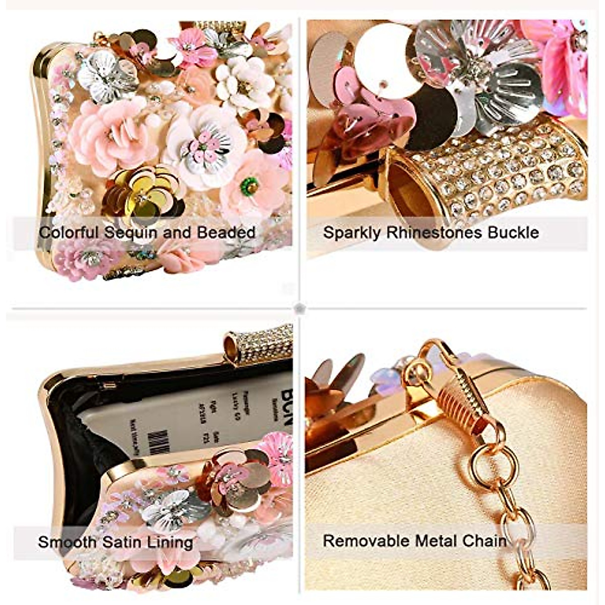 Selighting Colorful Floral Clutch Evening Bags for Women Formal Beaded Bridal Wedding Purse Prom Cocktail Party Handbags Champagne