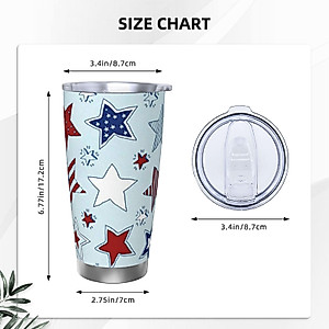 American Stars And Stripes Pattern 20oz Tumbler Stainless Steel Vacuum Insulated Coffee Travel Mug, Durable Coffee Travel Mug with Splash-Proof Lid Metal Straw and Brush Thermal Cup for Outdoor