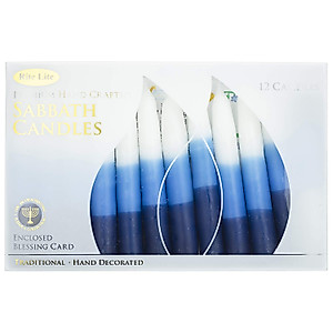 Shabbat Candles by Rite Lite - 12 Pieces - Packaged in a Beautiful Box with an Artistic Card (White & Blue)