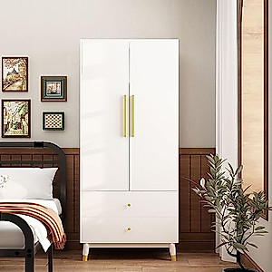 DiDuGo 2-Door Wardrobe Closet with 2 Drawers, Armoire Wardrobe Closet with Hanging Rod, Bedroom Armoire Closet with Wooden Legs, White and Gold (31.5”W x 19.1”D x 71.1”H)