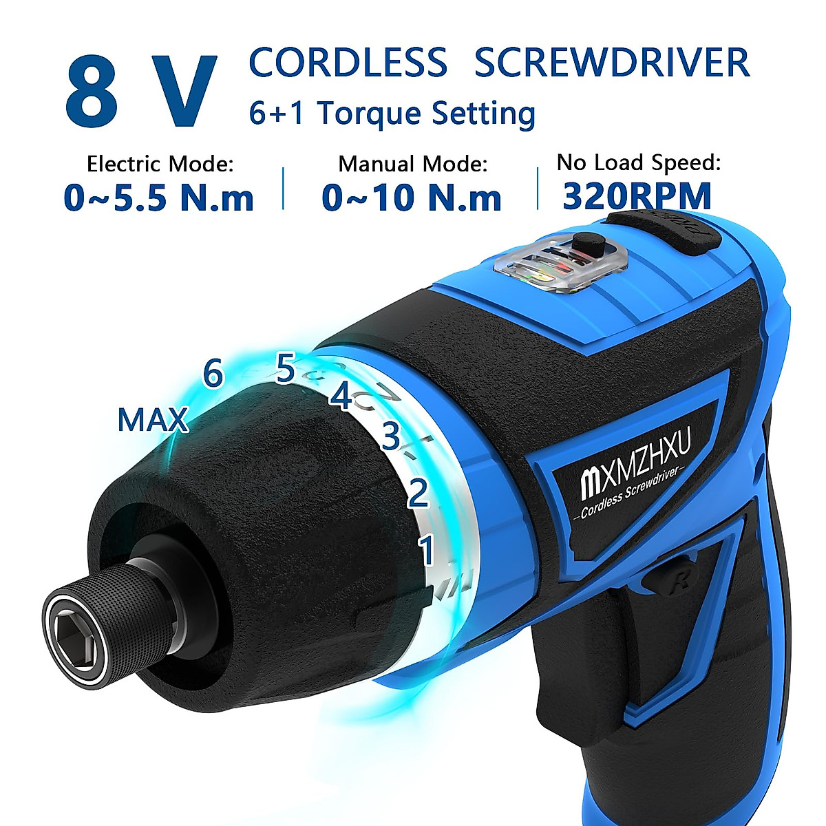 MXMZHXU Cordless Screwdriver, 8V Max 10Nm Electric Power Screwdriver with 47 Accessories, 6+1 Torque, Pivoting Handle, 2000mah Rechargeable Screw Gun & Bit Set with LED Light, Flexible Shaft