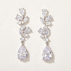 SWEETV Bridal Wedding Earrings for Brides Bridesmaides-Marquise Teardrop Earrings for Women, Cubic Zirconia Drop and Dangle Earrings for Prom or Pageant,Jewelry, Silver