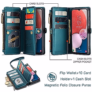 Defencase Galaxy A32 5G Case, RFID Blocking Samsung Galaxy A32 5G Case Wallet for Women Men with Card Holder, Zipper Magnetic Flip PU Leather Protective Samsung Galaxy A32 5G Phone Case, Blue Green